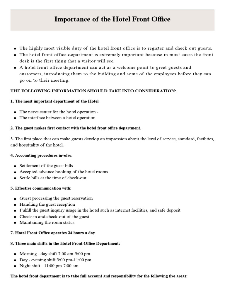 Module 2 Importance of The Hotel Front Office Department | PDF