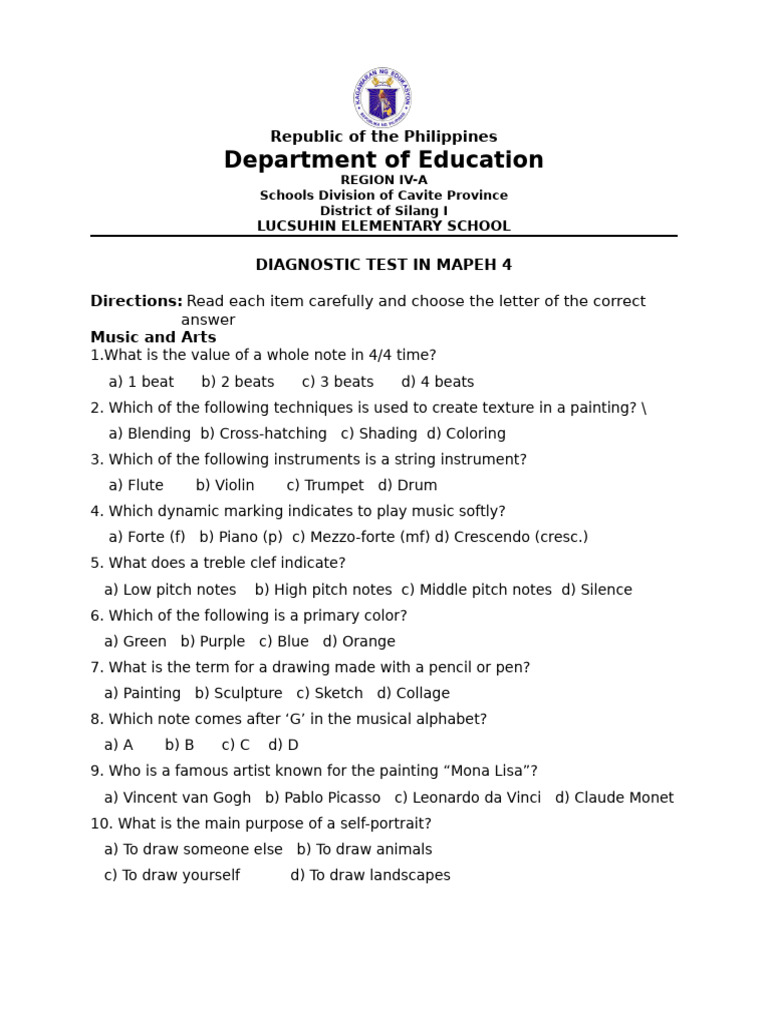 Diagnostic Test in MAPEH 4 | PDF