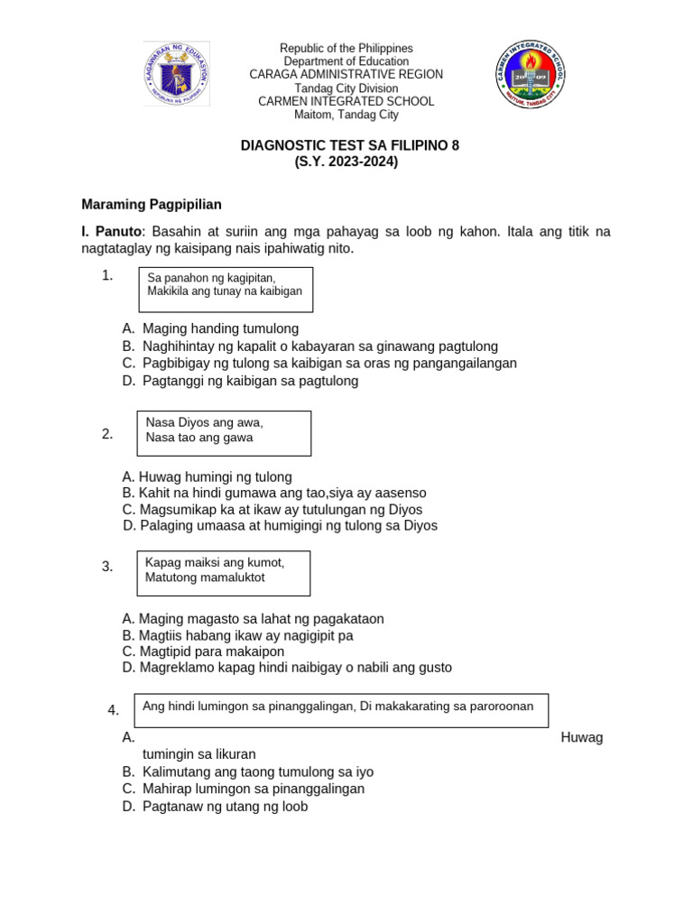 Diagnostic Test Sa Filipino 8 | PDF