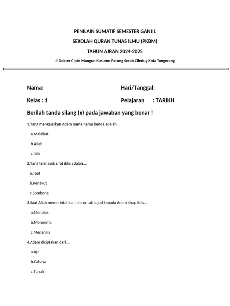 soal tarikh kelas1 | PDF