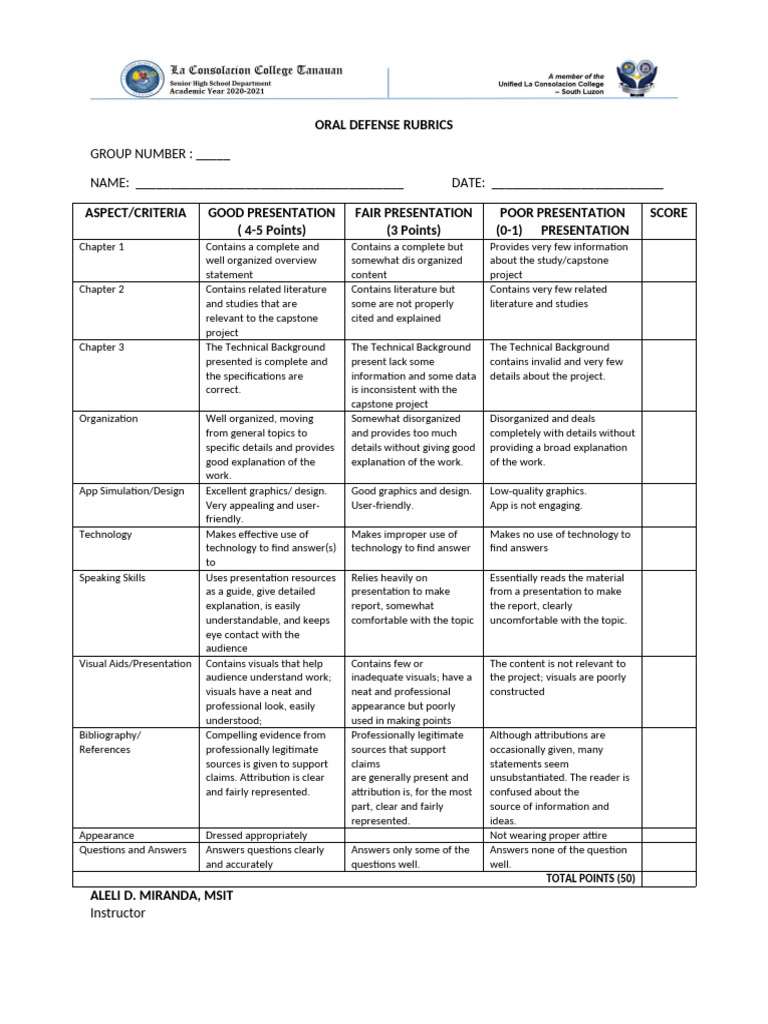 Oral Defense Rubrics Form | PDF