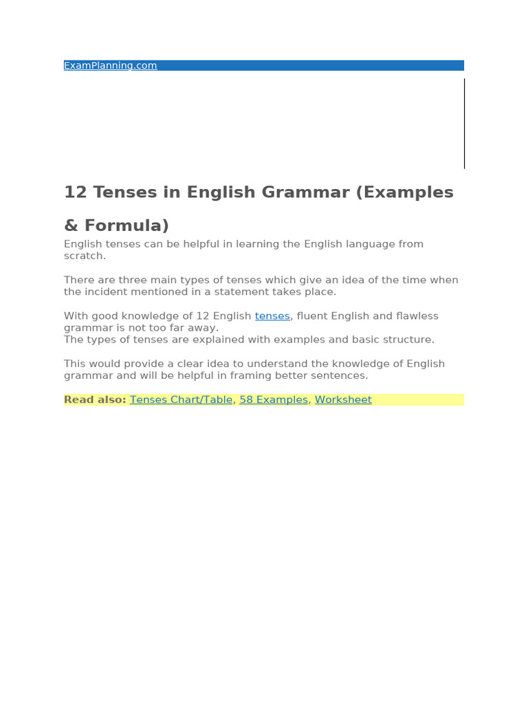 12 Tenses in English Grammar (Examples & Formula) : Home Education ...