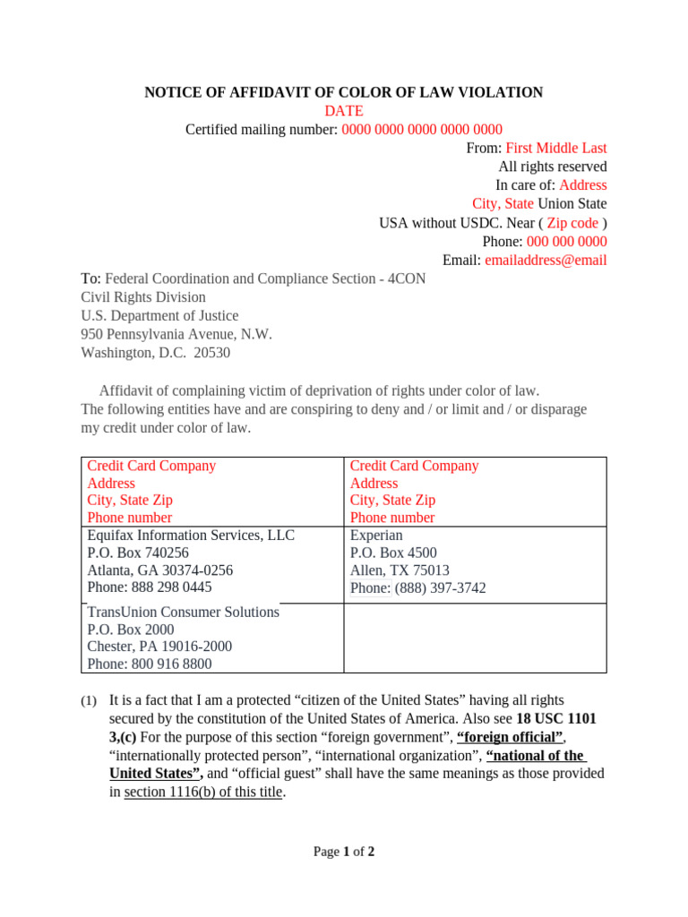 Doj Notice of Affidavit of Color of Template | PDF