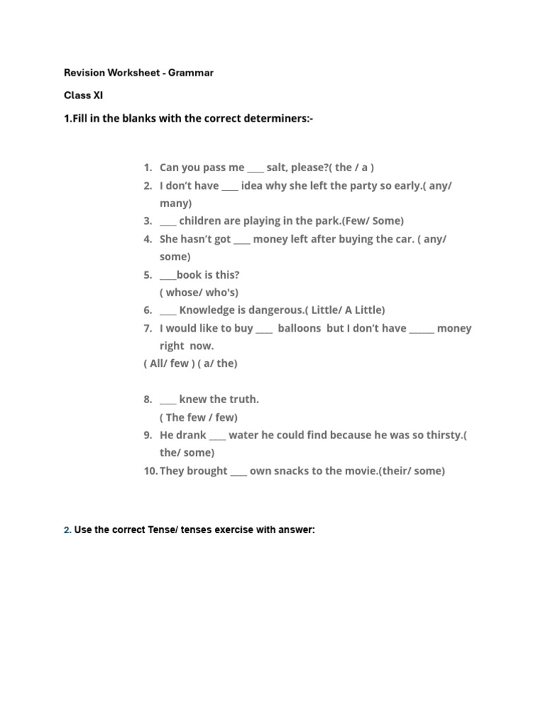 Revision Worksheet - Grammar Class 11 | PDF