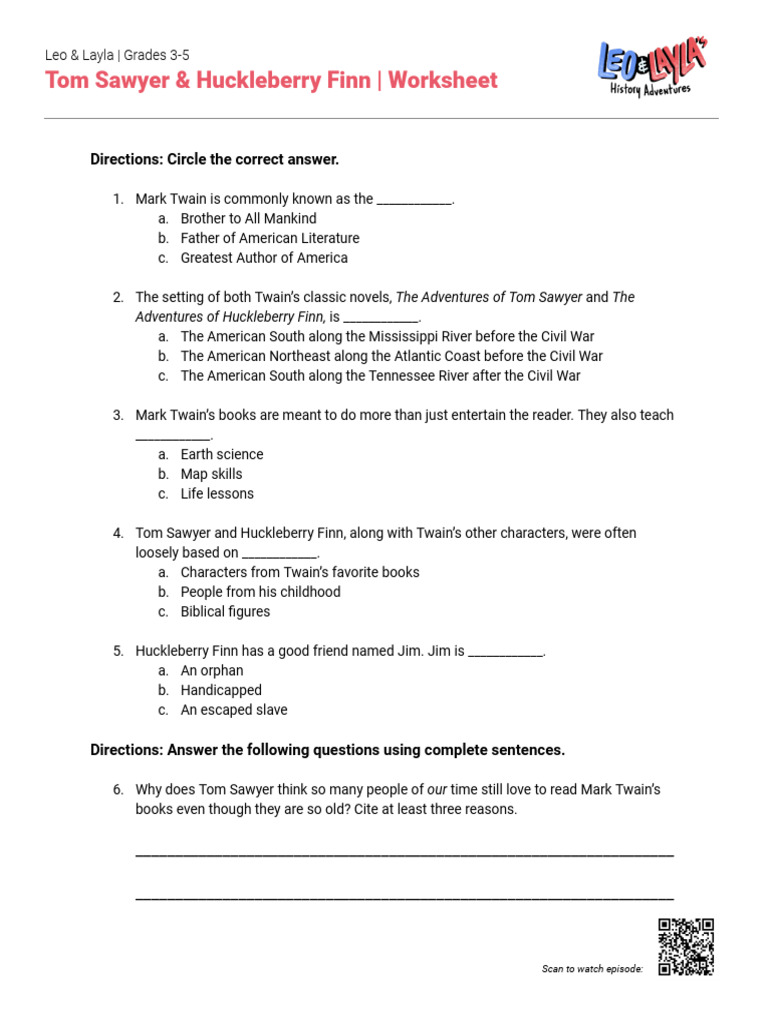 Tom Sawyer Huckleberry Finn Worksheet | PDF