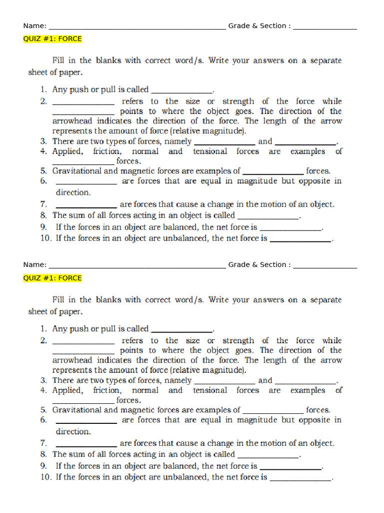 Force Quiz | PDF