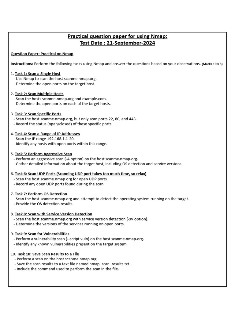 Practical question paper for using Nmap | PDF