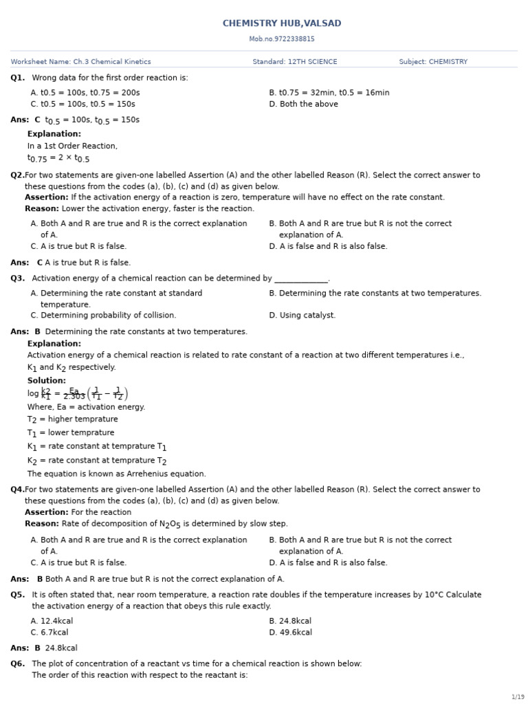 Ch.3 Chemical Kinetics-Answersheet MCQ and AR | PDF
