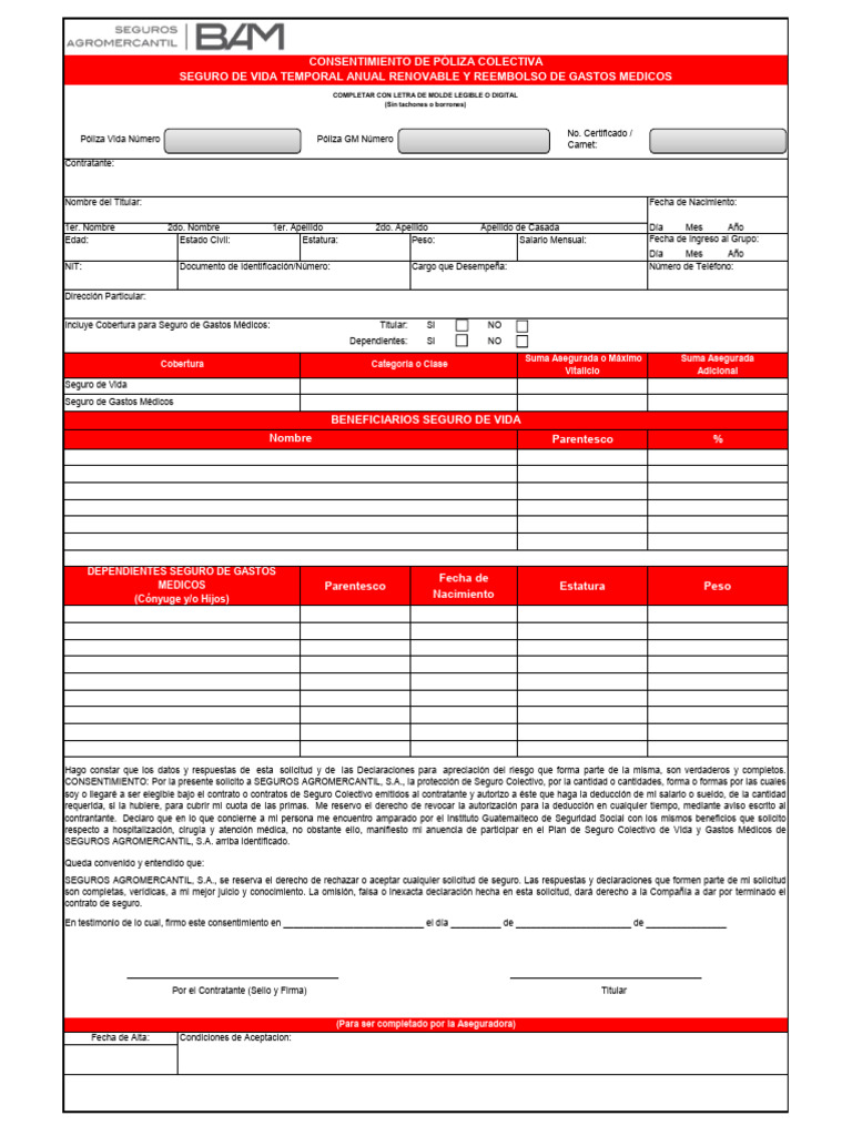 Formato (Consentimiento) Nuevos Ingresos PÃ Liza Colectiva Seguros BAM ...
