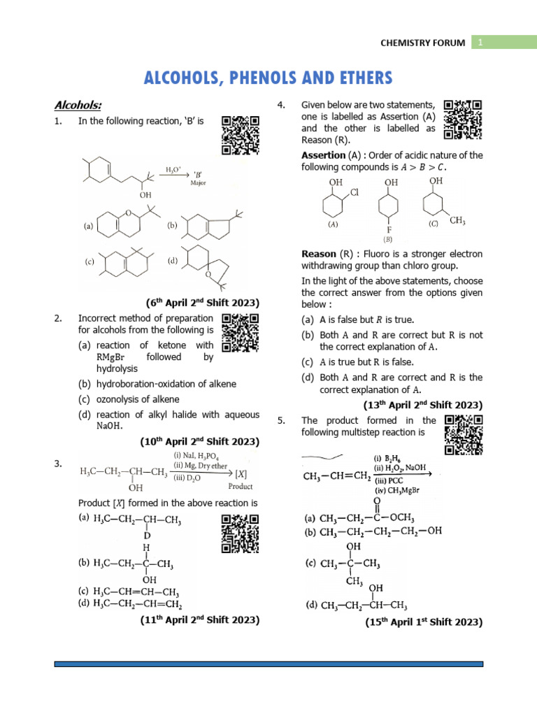 Alcohols, Phenols and Ethers - QR - Combined | PDF