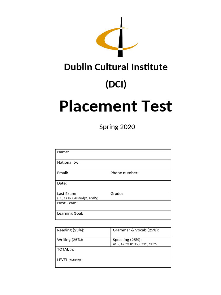 DCI PLACEMENT TEST Spring 2020 | PDF