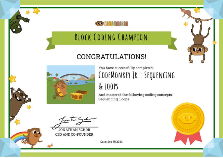 CodeMonkey Jr. - Sequencing and Loops Certificate | PDF