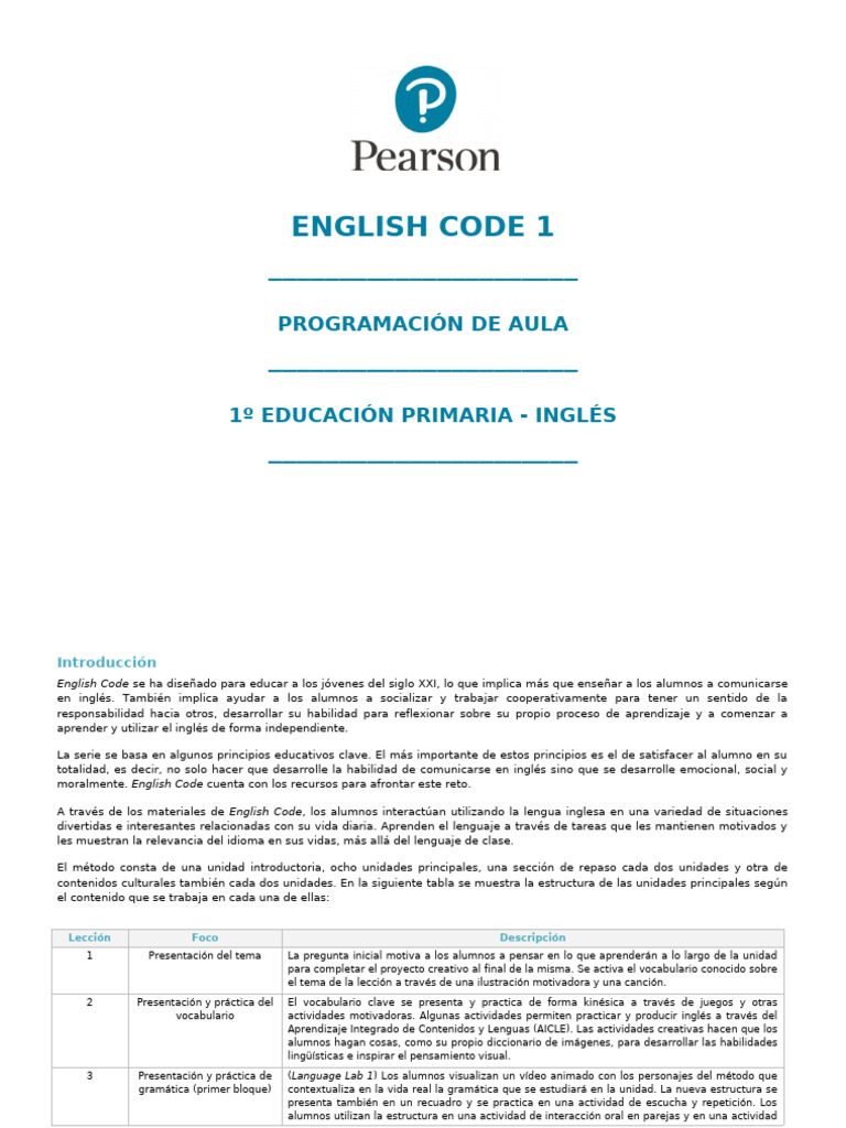 English Code 1 Unidad 1 LOMLOE Programacion Aula MEFP | PDF | Lingüística