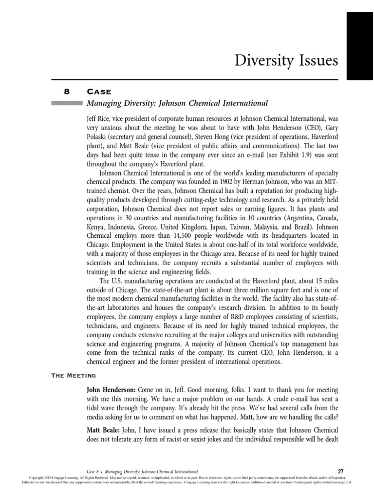 Case Study 1 Managing Diversity Johnson Chemical International | PDF