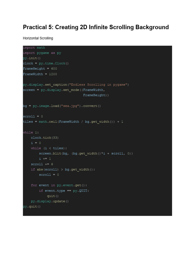 Practical 5: Creating 2D Infinite Scrolling Background | PDF