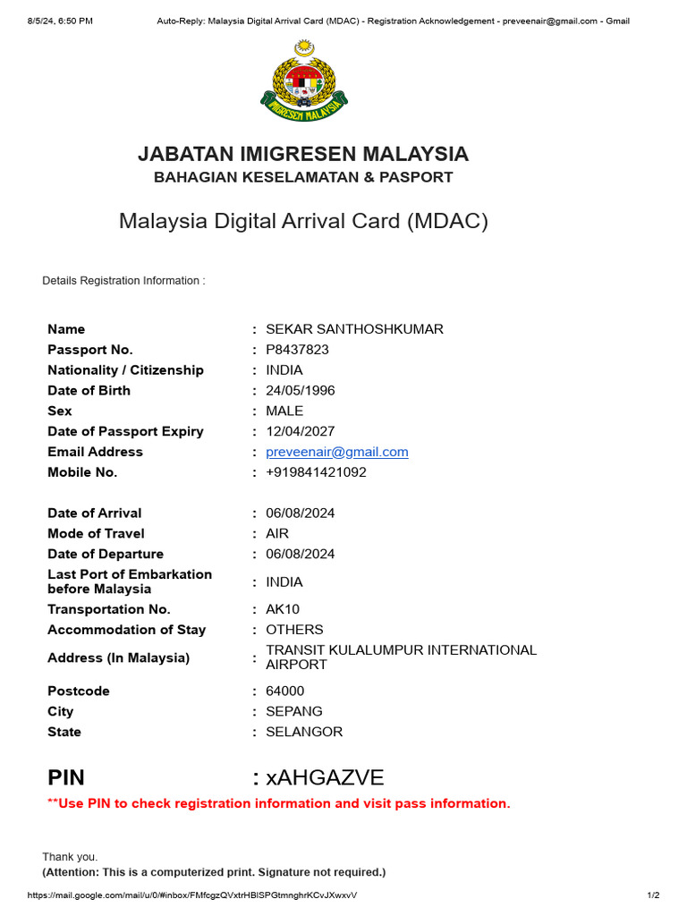 Auto-Reply - Malaysia Digital Arrival Card (MDAC) - Registration Acknowledgement - Preveenair ...