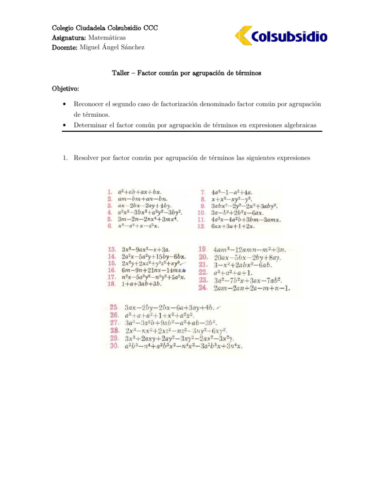 Taller 7° - Factor Común Por Agrupación | PDF