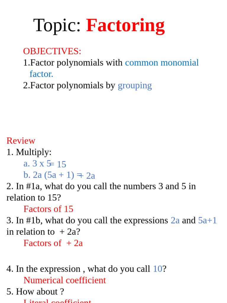 Factoring (Part 1) GCMF, Grouping | PDF
