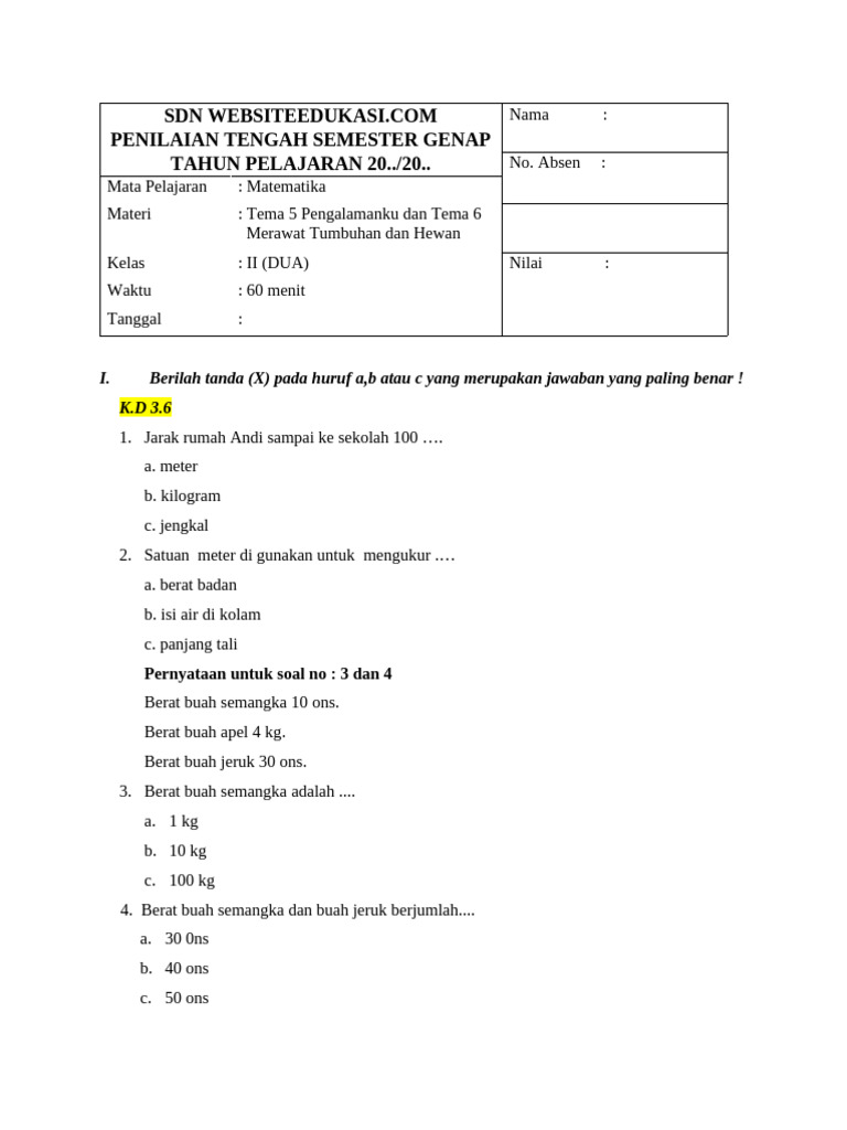 Soal PTS 2 MTK Kelas 2 Sem2 | PDF