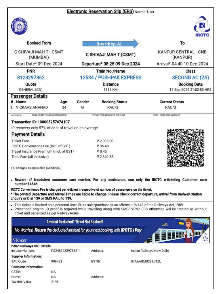Pushpak Express Second Ac (2A) : Electronic Reservation Slip (ERS) | PDF