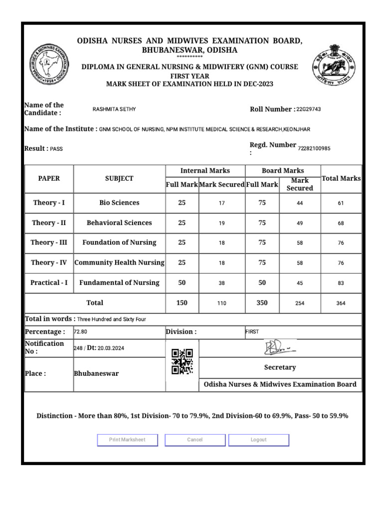GNM First Year Mark Sheet Onmeb | PDF