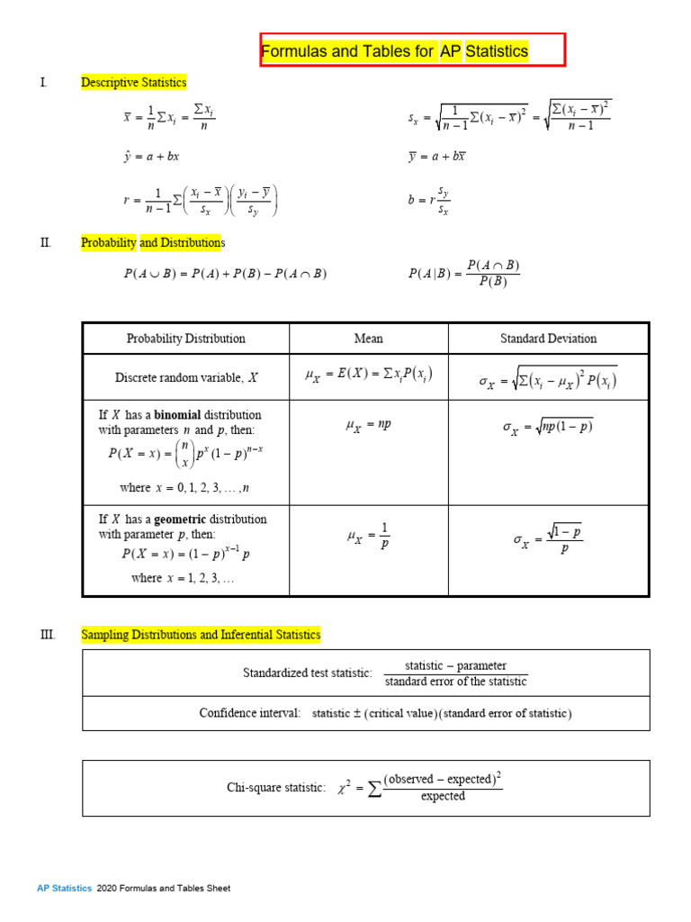 Formulas and Tables For AP Statistics 2020 | PDF
