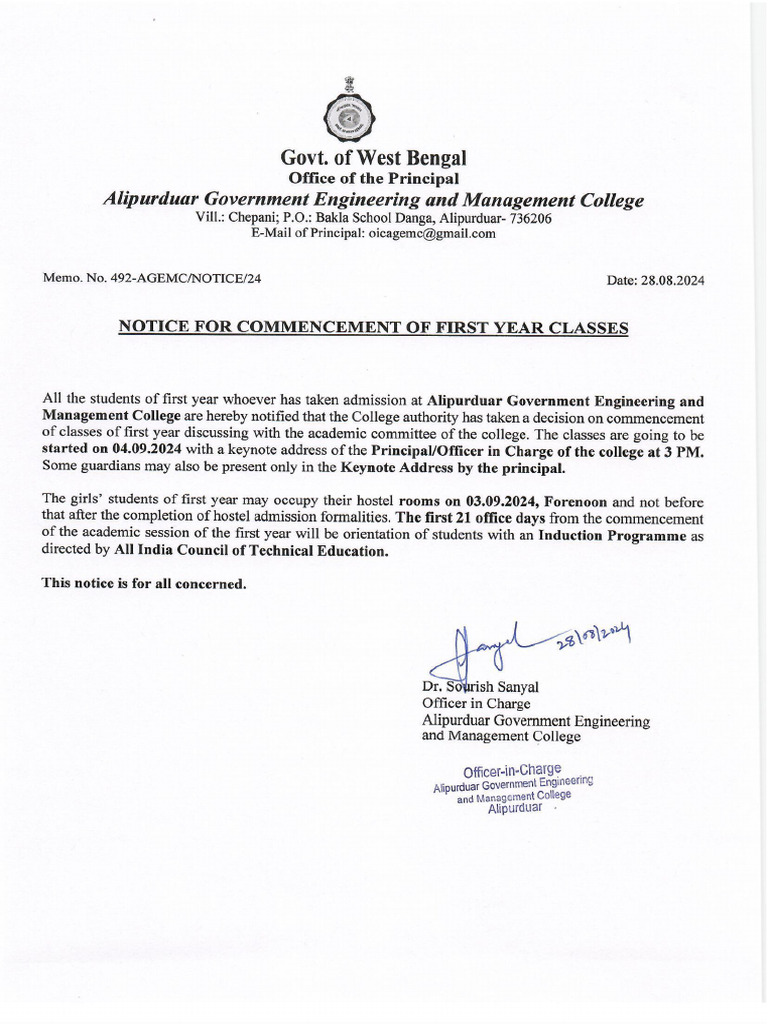 Notice For Commencement of First Year Classes | PDF