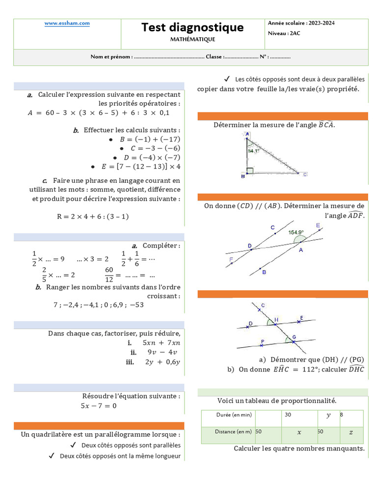 Evaluation Diagnostiaque Maths - 2AC - WWW - ESSHAM.COM - Modele 1 | PDF