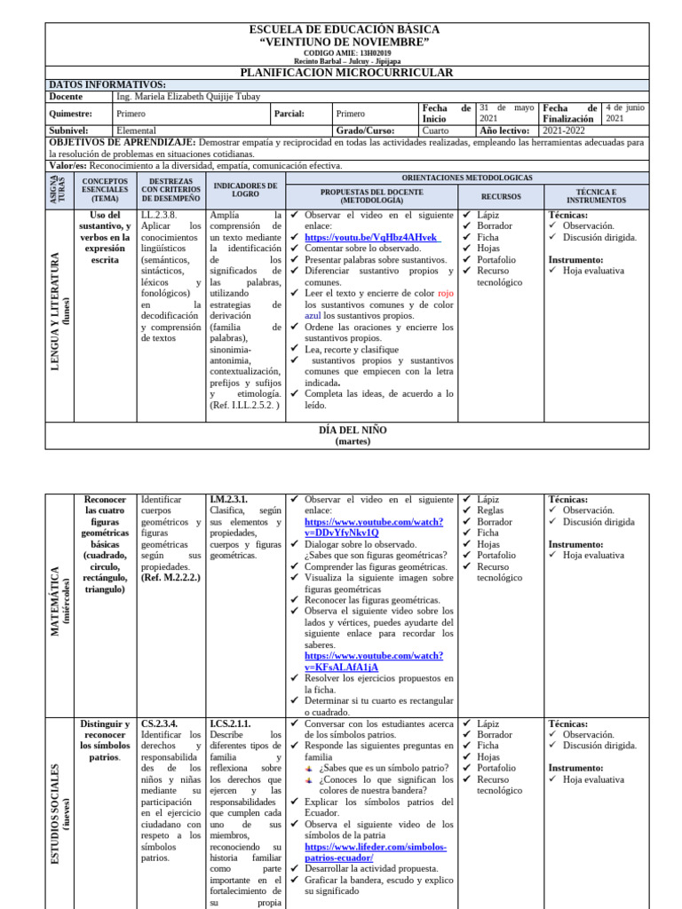 Planificación - Cuarto Semana4 | PDF