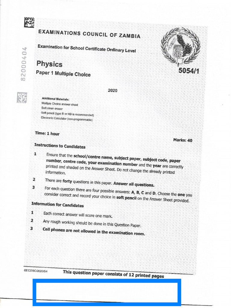 2020 Ecz Grade 12 Internal Physics Paper 1 | PDF