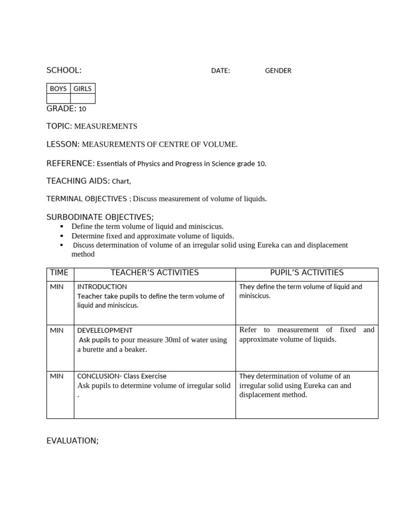 Grade 10 Physics Measurements - Measurements of Volume Editable Lesson ...