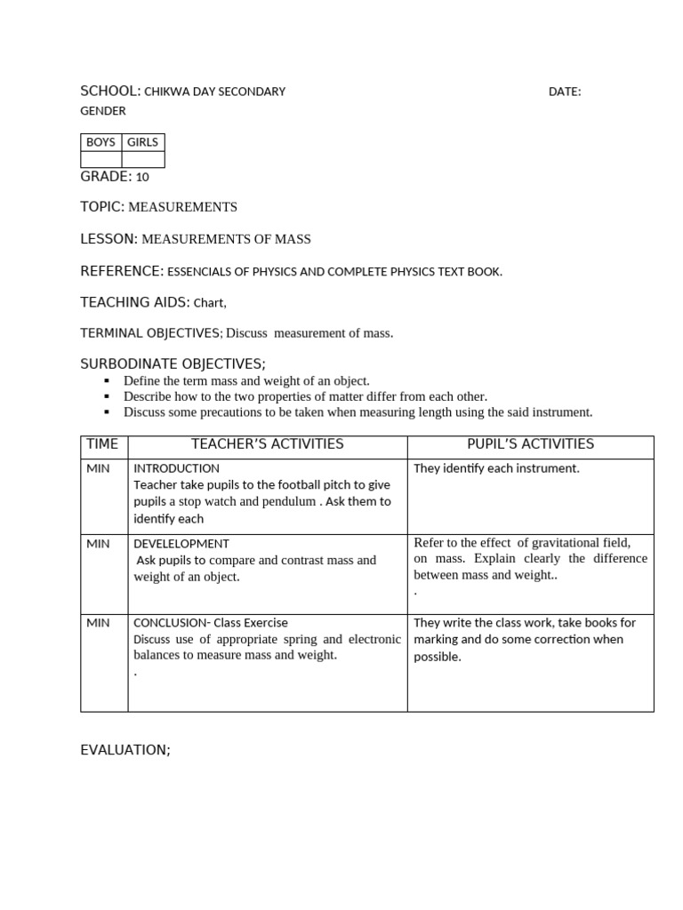 Grade 10 Physics Measurements - Measurements of Mass Editable Lesson ...