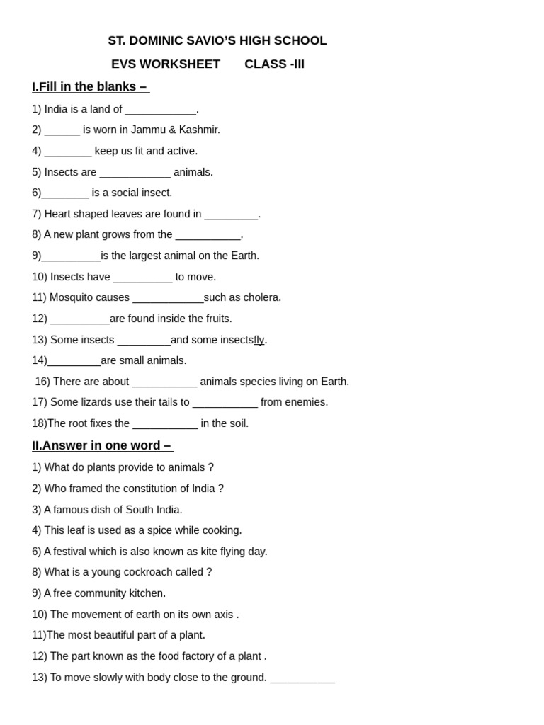 worksheet EVS class 3 | PDF