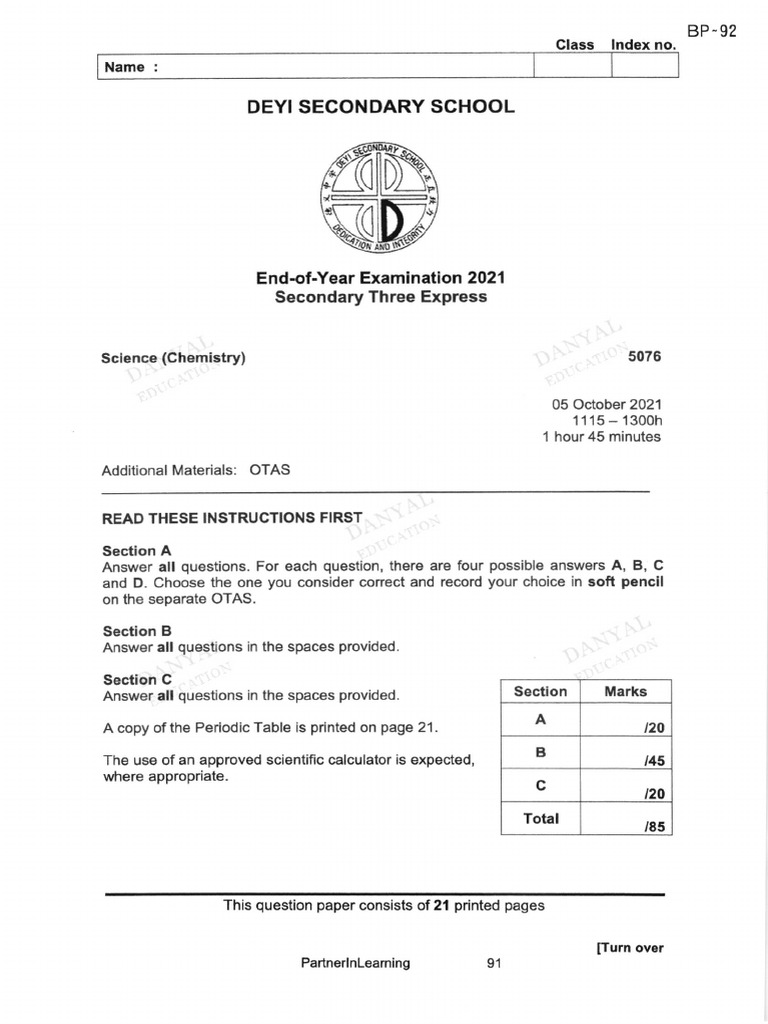 Deyi Secondary Sec 3 Science Chemistry EOY 2021 | PDF