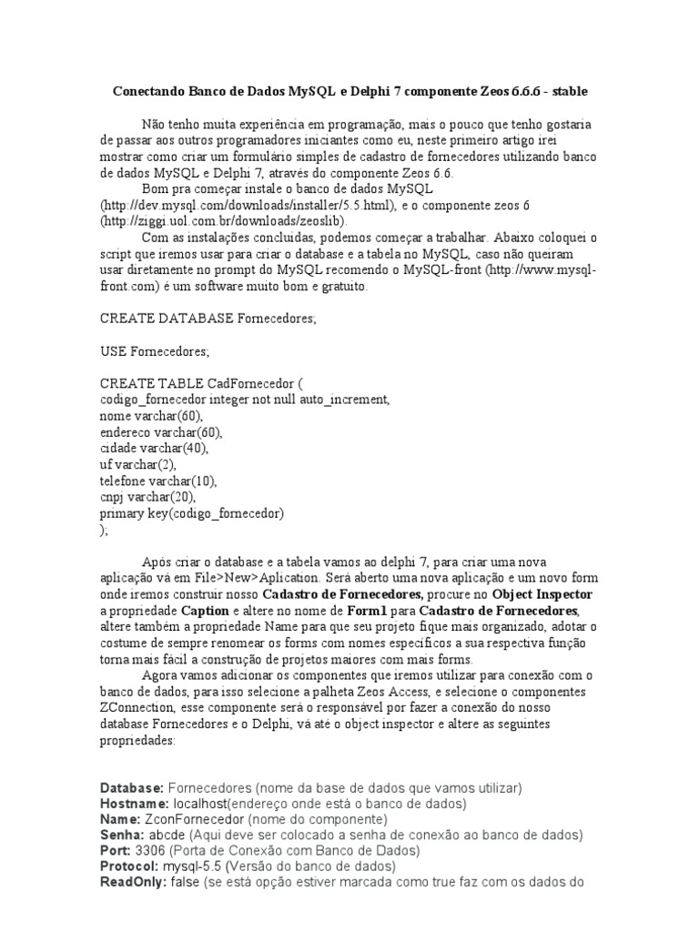 Conectando Banco De Dados Mysql E Delphi 7 Componente Zeos 6 Pdf Microsoft Access Bancos