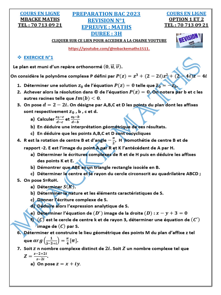 MATHS TS REVISION N°1 BAC 2023 Cours en Ligne MBACKE MATHS | PDF