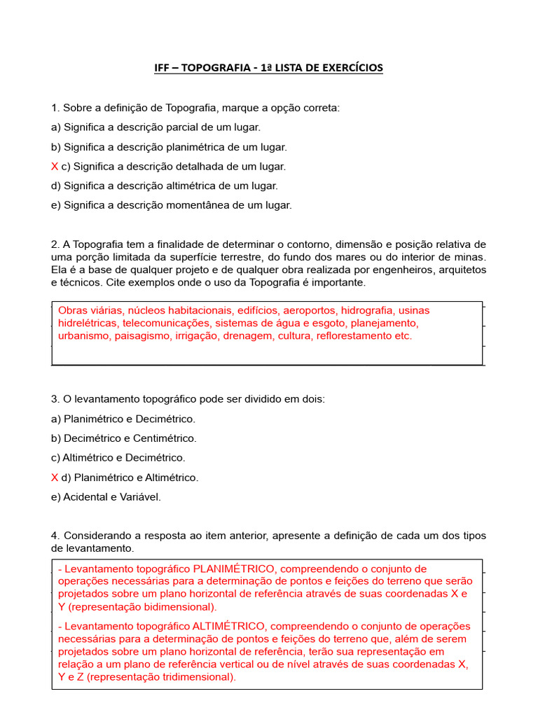 IFF - Topografia - 1a Lista de Exercícios - GAB | PDF