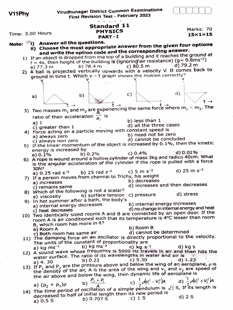 11th Physics EM 2nd Revision Exam 2023 Original Question Paper Virudhunagar District Englishl ...