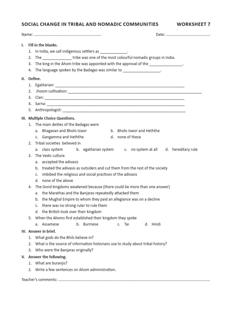 Social Change in Tribal and Nomadic Communities Worksheet 7: I. Fill in ...