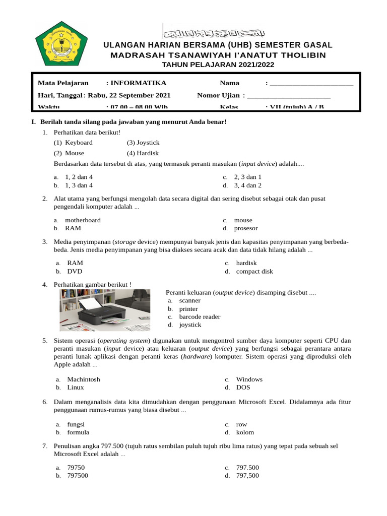 (Soal) 7 A & B Uhb Gasal 2021-2022 | PDF