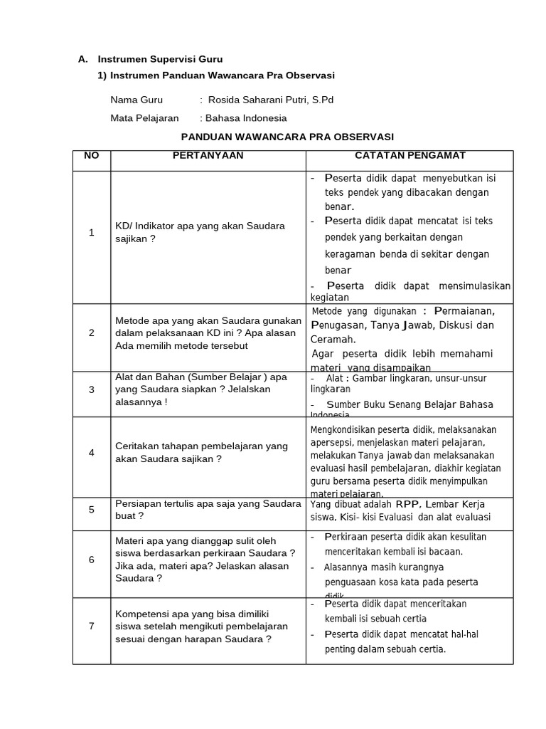 Instrumen Supervisi SDITDH | PDF