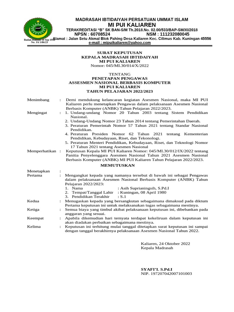 SK Pengawas ANBK Tahun 2021 | PDF