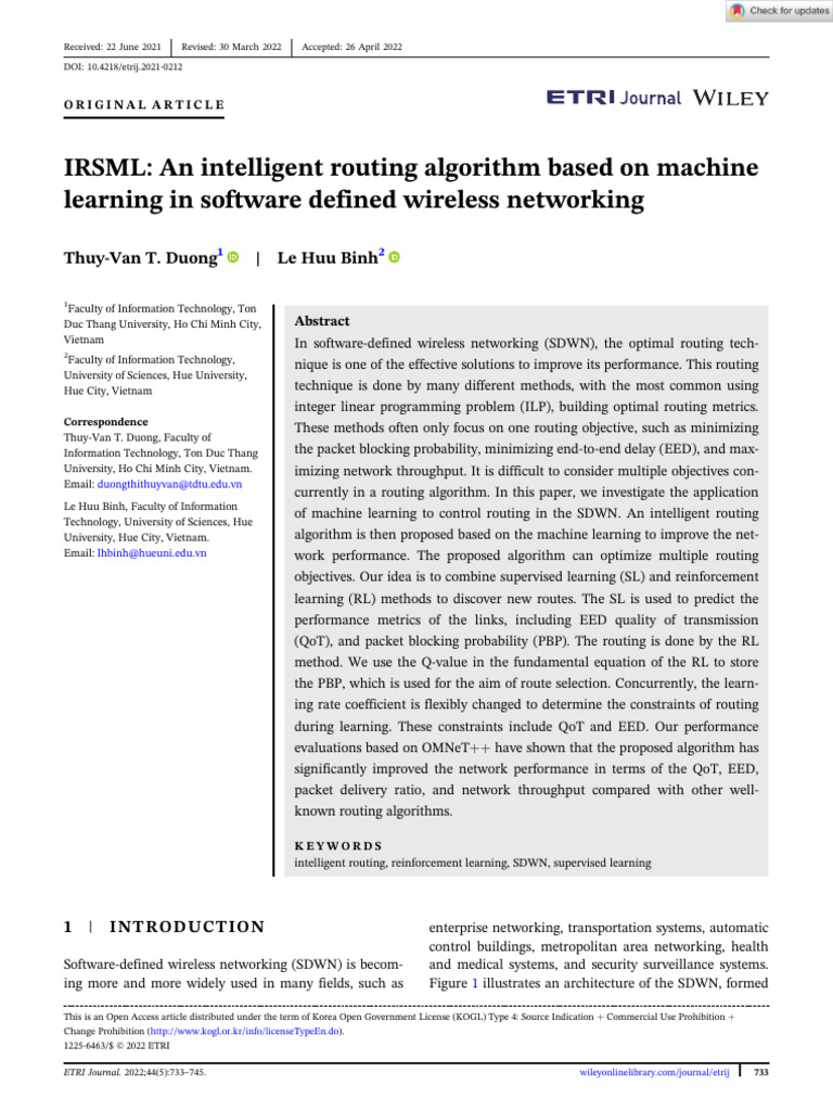 ETRI Journal - 2022 - Duong - IRSML An Intelligent Routing Algorithm Based On Machine Learning ...