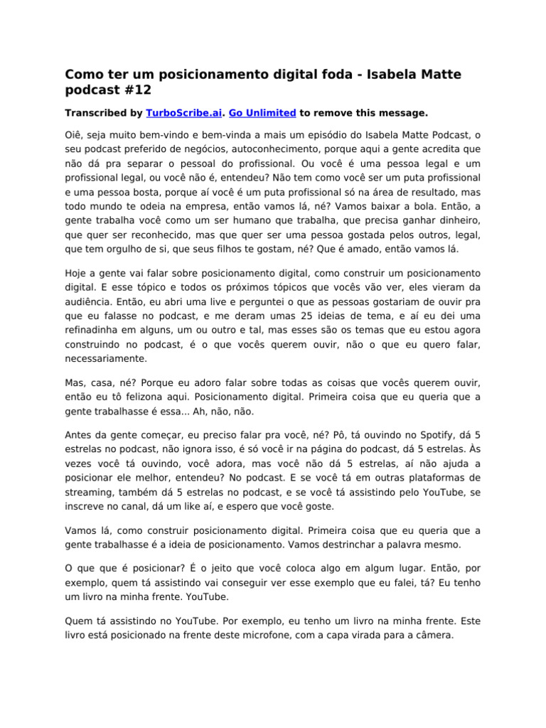 Como Ter Um Posicionamento Digital Foda - Podcast Isabela Matte Podcast #12 | PDF