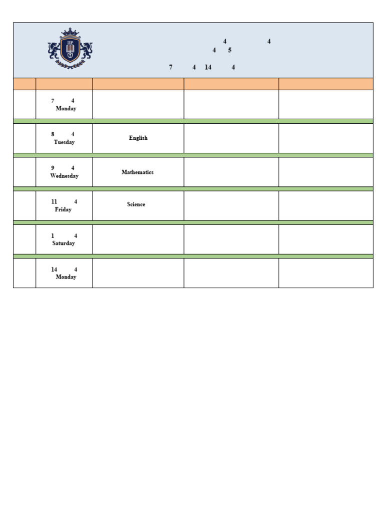 Year 7 Mid Term Exam Timetable | PDF