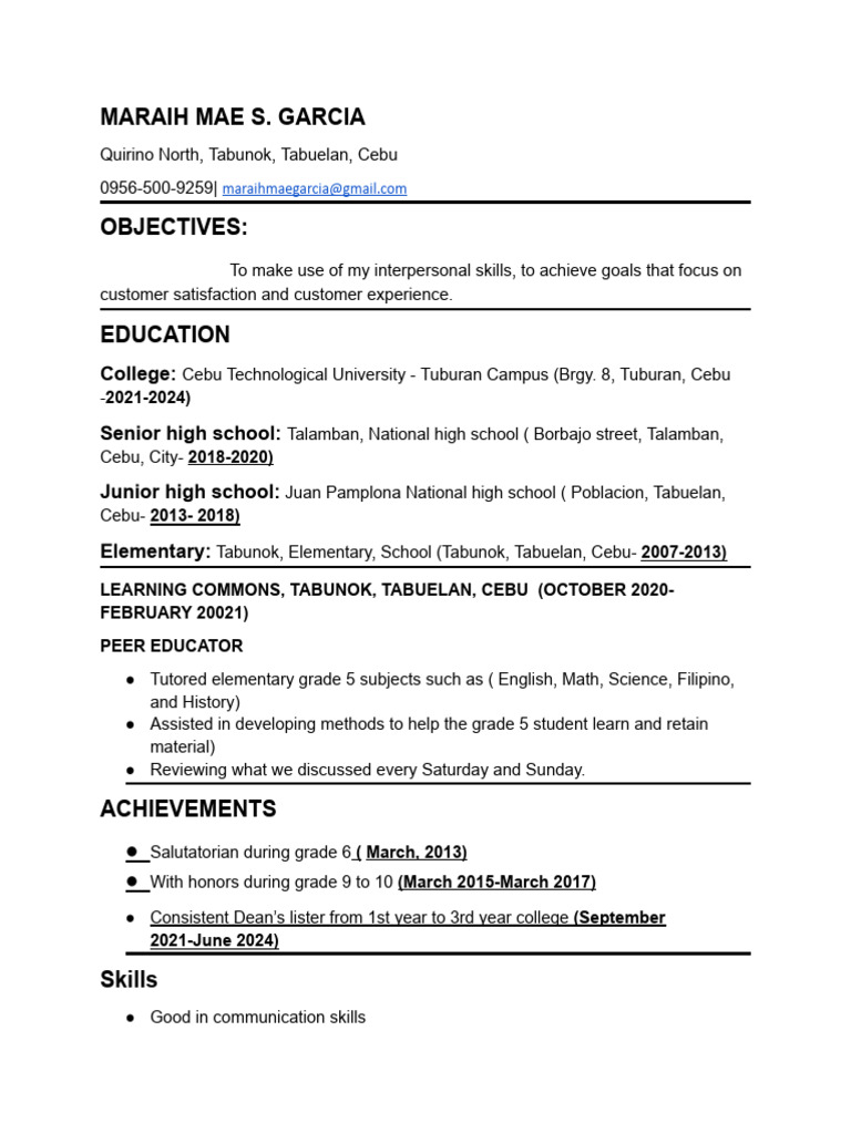 Garcia Maraih Mae CC Resume | PDF
