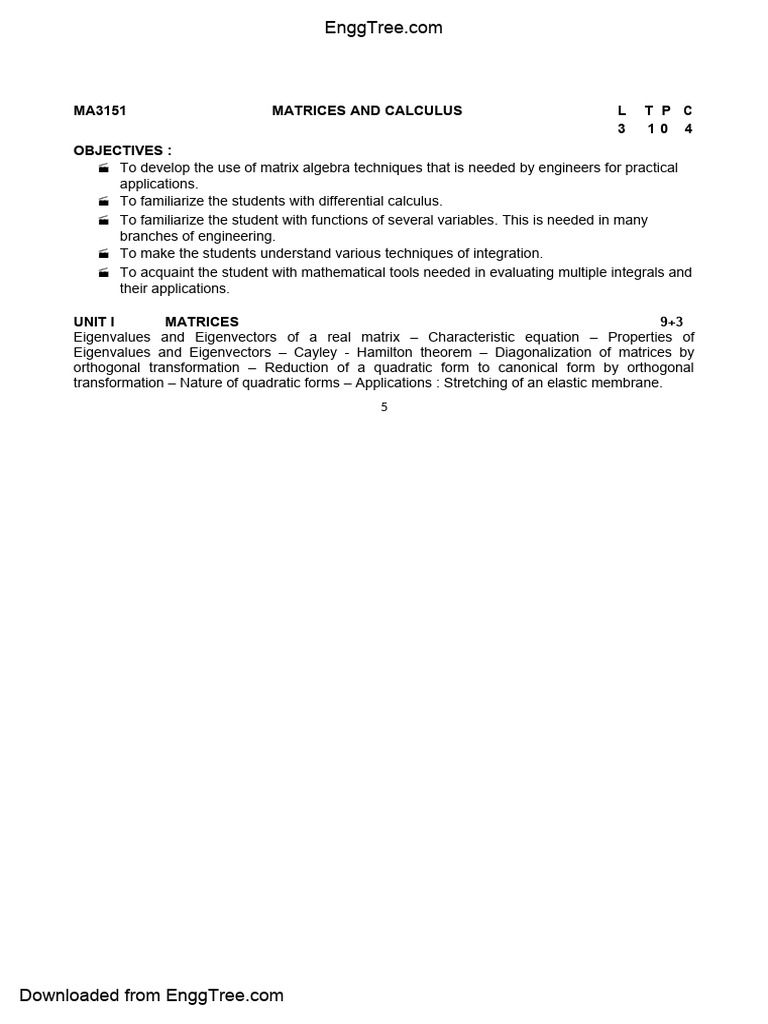 MA3151 Matrices and Calculus Syllabus PDF Download | PDF