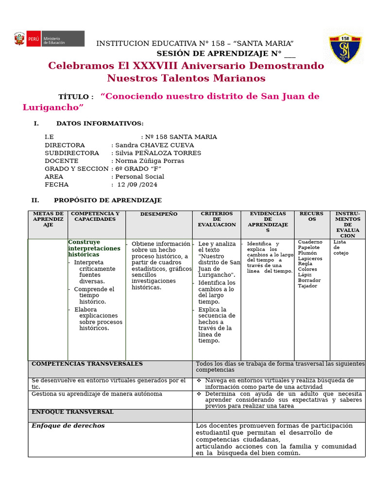 Sesion de Personal Social 12 de Setiembre SJL | PDF | Evaluación | Lima