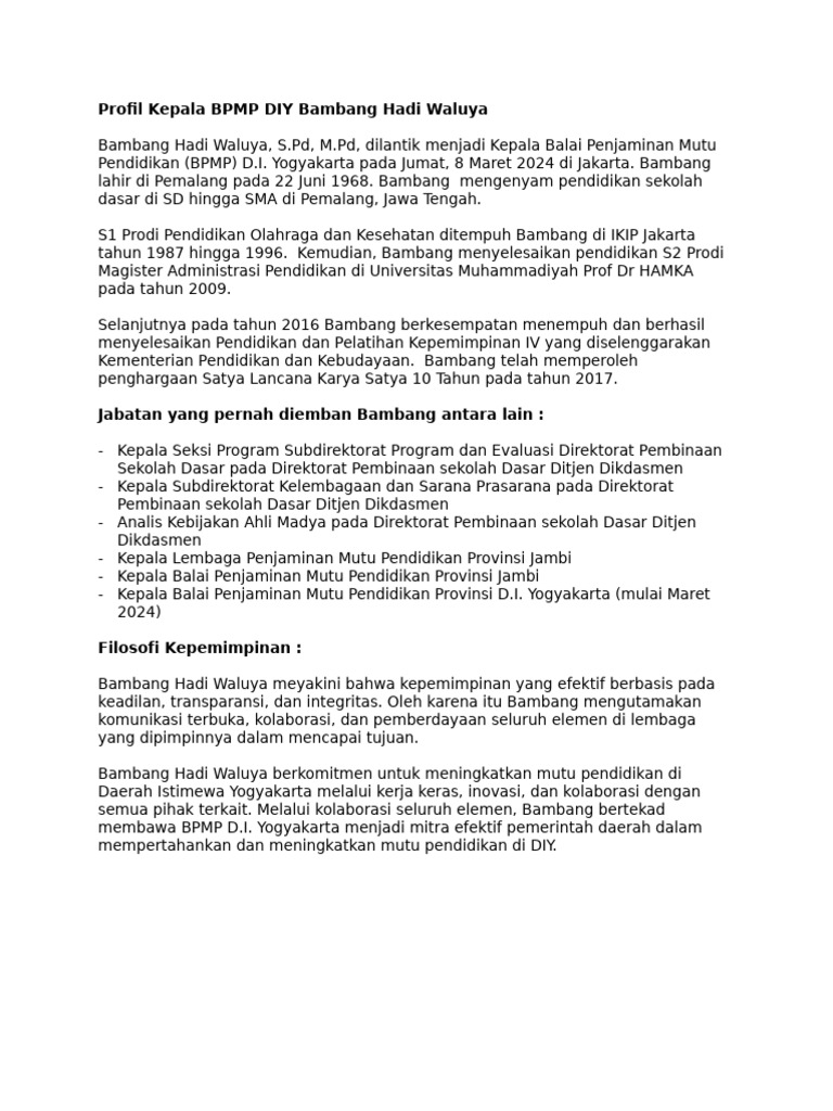 Profil Kepala BPMP DIY Bambang | PDF