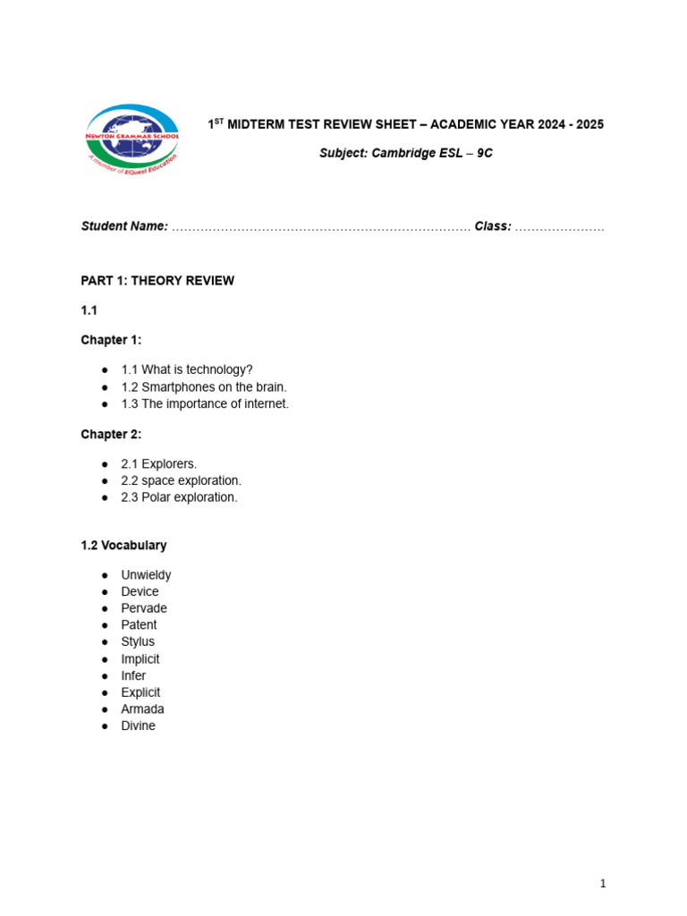 La 9C Review Sheet M1 24-25 | PDF